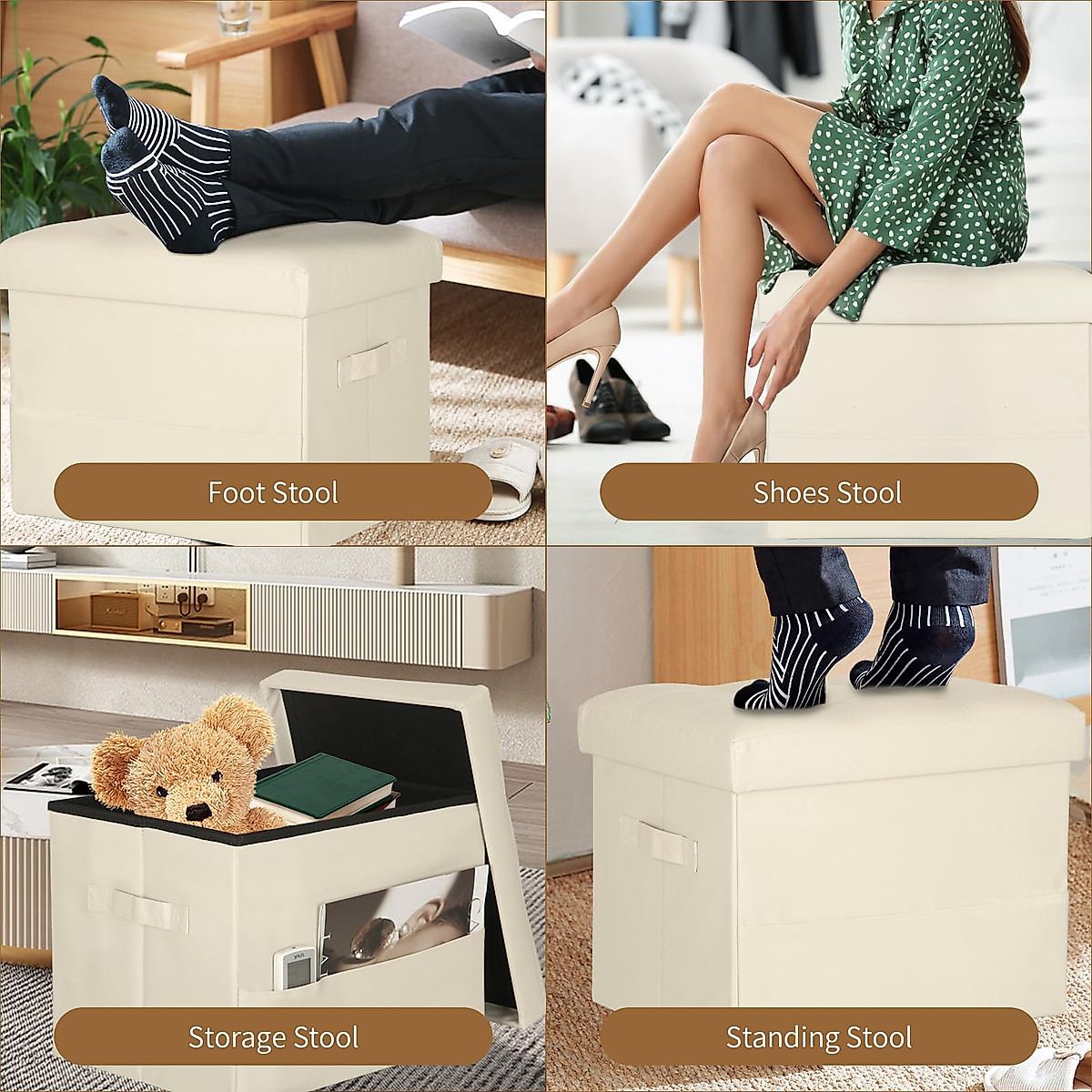 BelugaHelper Storage Ottoman Foot Rest Stool, Folding Leather Footstool Bench with Thicker Foam Padded Seat. Short Foot Stool Ottoman with Storage for Living Room Bedroom 350 lbs, 17x13x13in, Beige