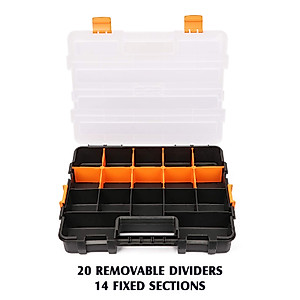 MIXPOWER 15-inch 2pcs Toolbox Organizer Sets, 20 Removable Dividers, Durable Plastic Box, Excellent for Screws, Nuts, Small Parts, 34-Compartment Black/Orange 2 Pieces Set
