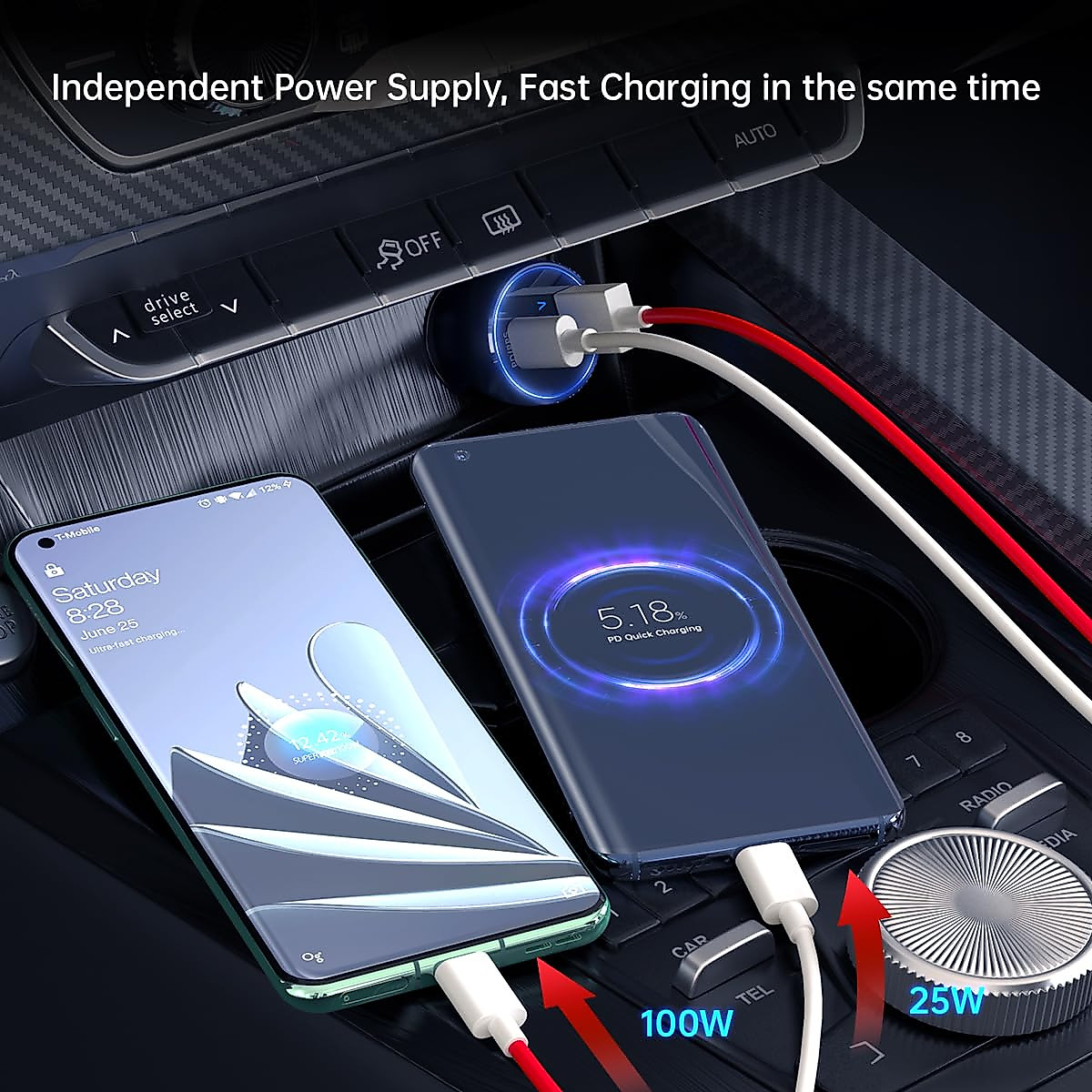 for Oneplus Car Charger 100W 80W SuperVooc Warp Charge 65W Car Charger for One Plus 13 12 13R 12R 11 10 Pro 9 10T 8T 8 7T 7 Open Pad Nord 2T CE 3 4 N20 N30 N100, 25W PD PPS USB C Port 3ft Fast Cable