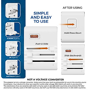 OREI 25Watt Universal Travel Adapter | 2 (USB C) 1 (USB A) 4-in-1 Universal Power Adapter | | Type C, A, G, I Compatible | Universal Chargers for All Devices compatible 150+ Countries