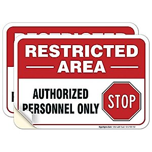 Sigo Signs Restricted Area Authorized Personnel Only Stop Sign, (2 Pack) 10x7 Inches, 4 Mil Vinyl Decal Stickers Weather Resistant, Made in USA by Sigo Signs