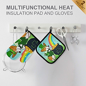 FFYHO St. Patrick's Day Oven Mitts & Pot Holders 2pcs Cute Corgi Dog Kitchen Heat Resistant Non-Slip Potholders Set for Women Cooking Baking BBQ