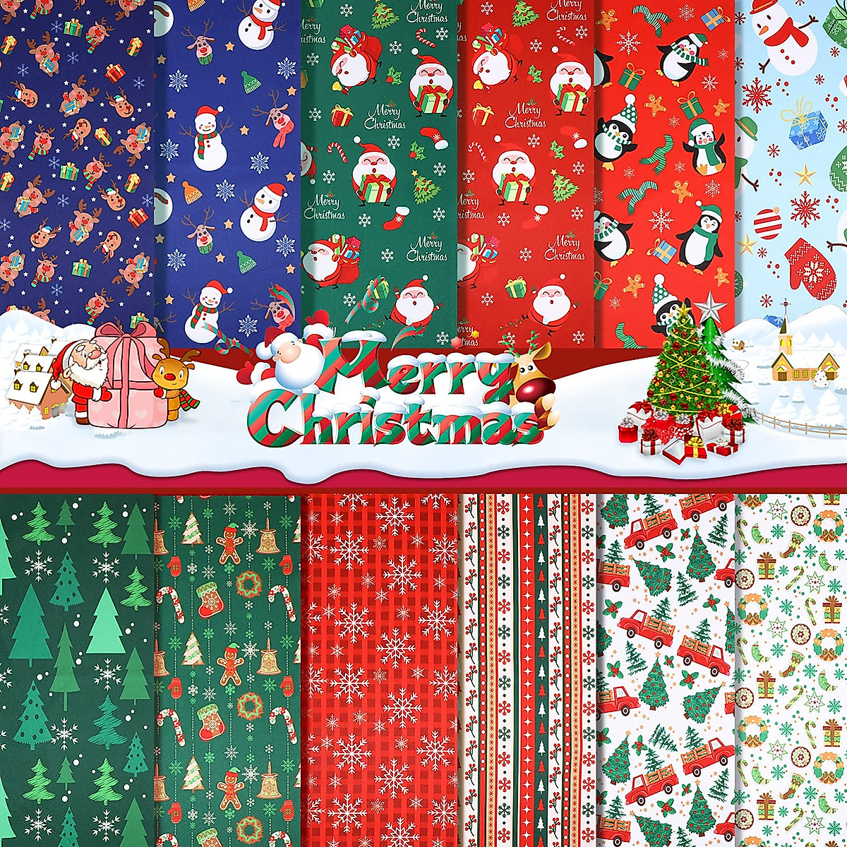 YARNOW 12 Pieces Christmas Fabric Bundles Squares Fabric Bundle Xmas Fabric for Xmas Sewing Crafting DIY Supplies (18.9 x 20.5 Inch)