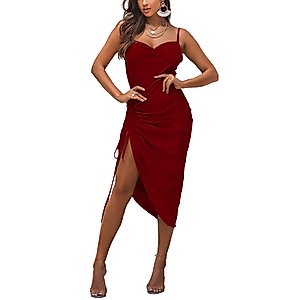 LYANER Women's Satin Spaghetti Straps Sexy Ruch Cowl Neck Cocktail Midi Dresses Wine Red Small