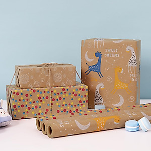 BIOBROWN Wrapping Paper Rolls with Tags and Jute String -Giraffe Designs for Birthday,Holiday, Baby Shower Packing -3 Rolls-17 inch X 10 feet Per Roll