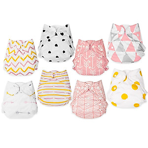 BaeBae Goods Newborn Cloth Diapers – 8 Reusable Cloth Diapers for Babies with 8 Cloth Diaper Inserts – Extra Leg Lining to Avoid Leakage - Waterproof Outside Soft Inside – Adjustable Size for Girls