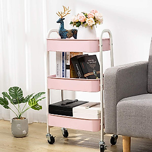AGTEK Makeup Cart, Movable Rolling Organizer Cart, 3 Tier Metal Utility Cart, White - Pink