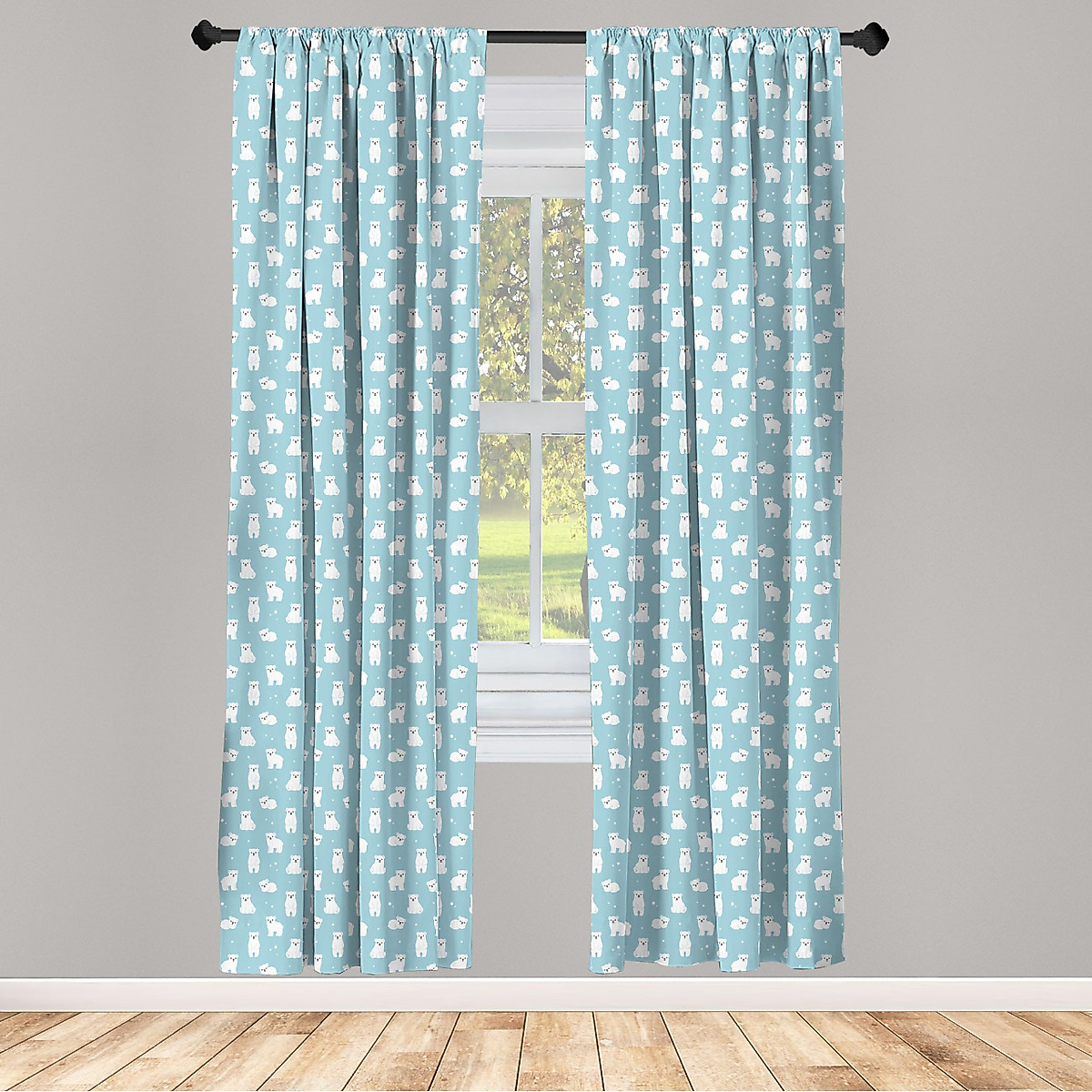 Ambesonne Bear Window Curtains, Cartoon Style Polar Bear Cubs on Sea Inspired Backdrop Arctic Wildlife, Lightweight Decor 2-Panel Set with Rod Pocket, Pair of - 28" x 63", Turquoise Blue