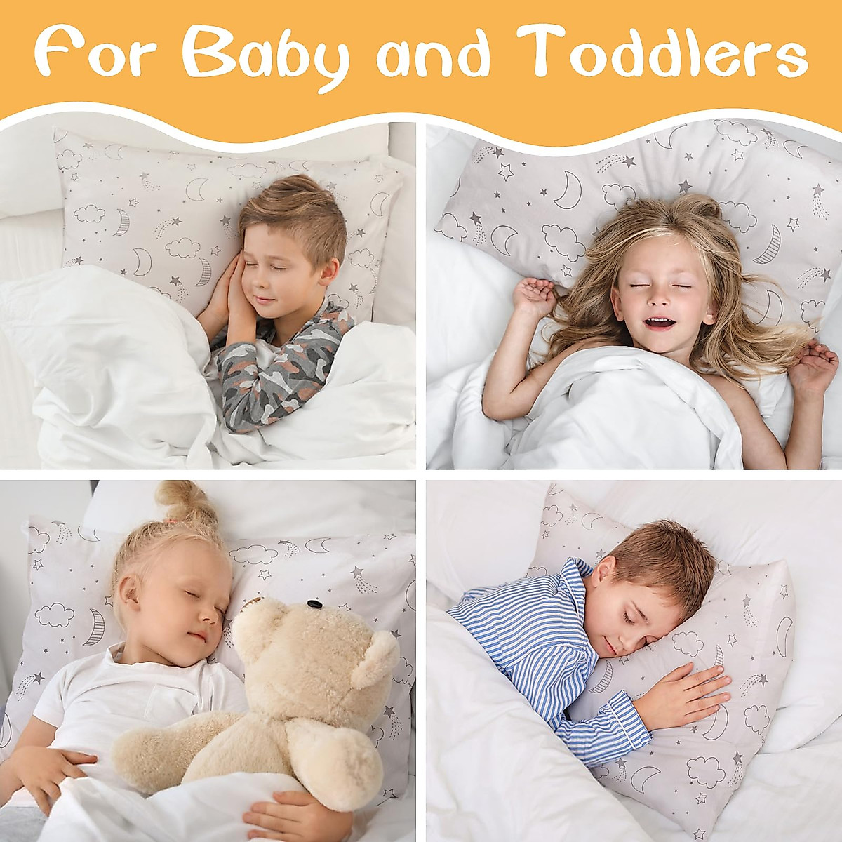 Winmany 2 Pack Toddler Pillow Cases Baby Silk Satin Pillowcases 49 x 36cm Cot Bed Envelope Pillow Cover kids Soft Travel Pillow Pair Cases for Boys Girls Machine Washable (Beige Cloud Moon)