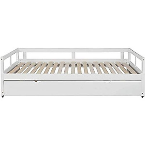 MERITLINE Daybed with Trundle,Twin to King Trundle Bed Extendable Design, Wooden Daybed/Sofa Bed for Bedroom Living Room,No Box Spring Needed,White