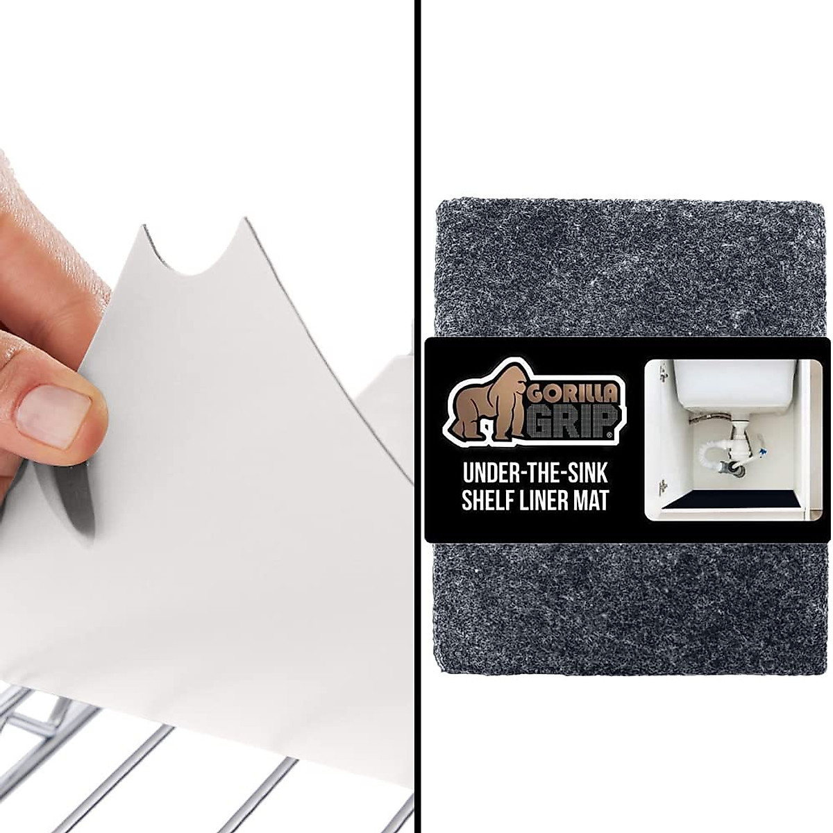 Gorilla Grip Wire Shelf Liners Set of 3 and Under Sink Mat, Wire Shelf Liner Size 14x24 in Clear, Waterproof Hard Plastic, Under Sink Mat Size 24x30 in Charcoal, Slip Resistant, 2 Item Bundle