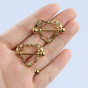 COCHARM 2pcs Heart Nipple Rings Gold for Women 14G Surgical Steel Nipple Piercing Nipple Shield CZ Nipple Barbell