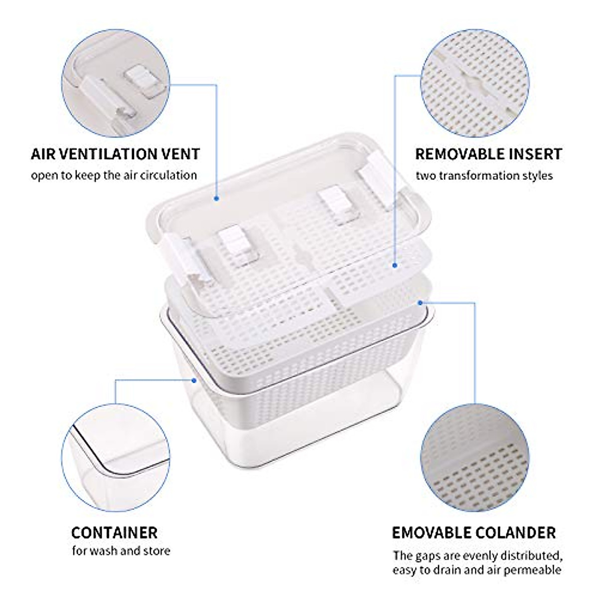 Fruit Containers for Fridge, 3 Pack Vegetable Fruit Container Storage, BELIBUY Fresh Produce Saver Containers BPA Free Fridge Food Storage Containers with Strainers and Vents, White