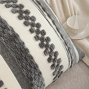 Tosleo Boho Pillow Covers 18x18 Inch Set of 2 Gray Striped Chenille Throw Pillow Covers Square Decorative Pillowcases for Sofa Couch Bed Living Room Farmhouse Decor