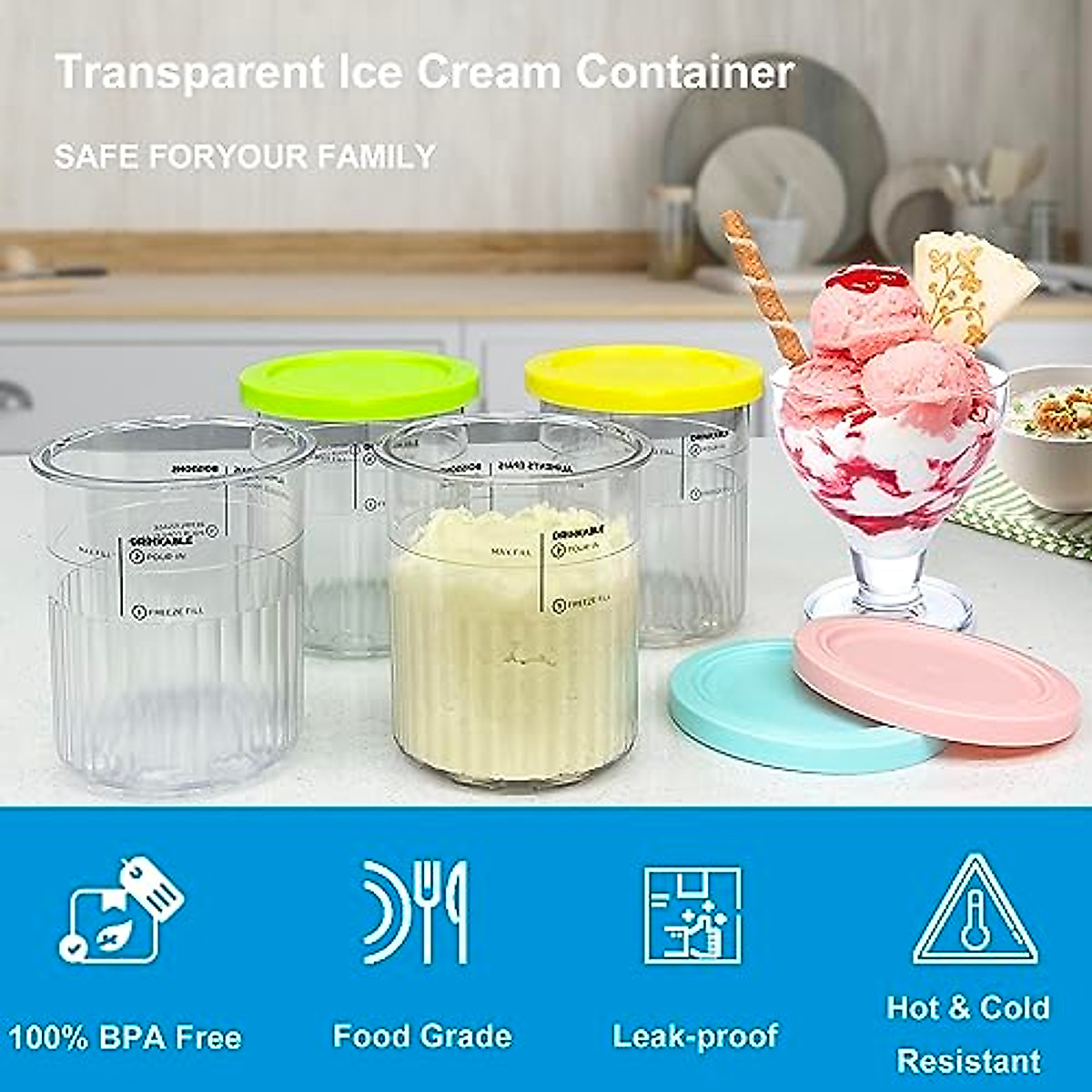CUTIECLUB 4 Ice Cream Pint Containers 24oz and Lids for Ninja Creami NC500 NC501 Series Deluxe ice Cream Makers, and 12 Pack 5 oz Square Clear Plastic Dessert Cups with Spoons Set