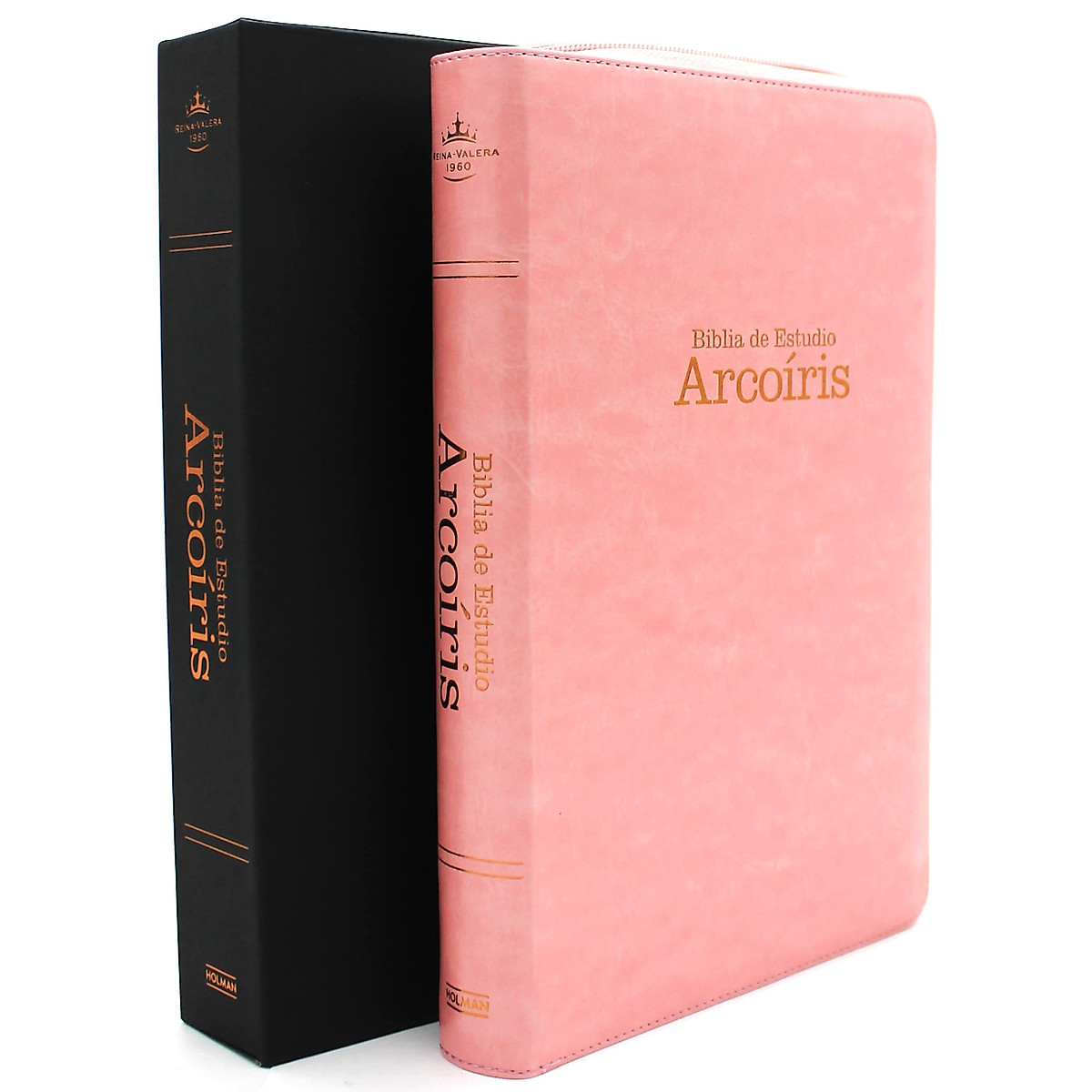 Biblia de Estudio Arco Iris Reina Valera 1960 con cierre, Indice, Color Rosado con cobre y Estuche de lujo negro con cobre para guardar y proteger la Biblia Coleccion Celestial