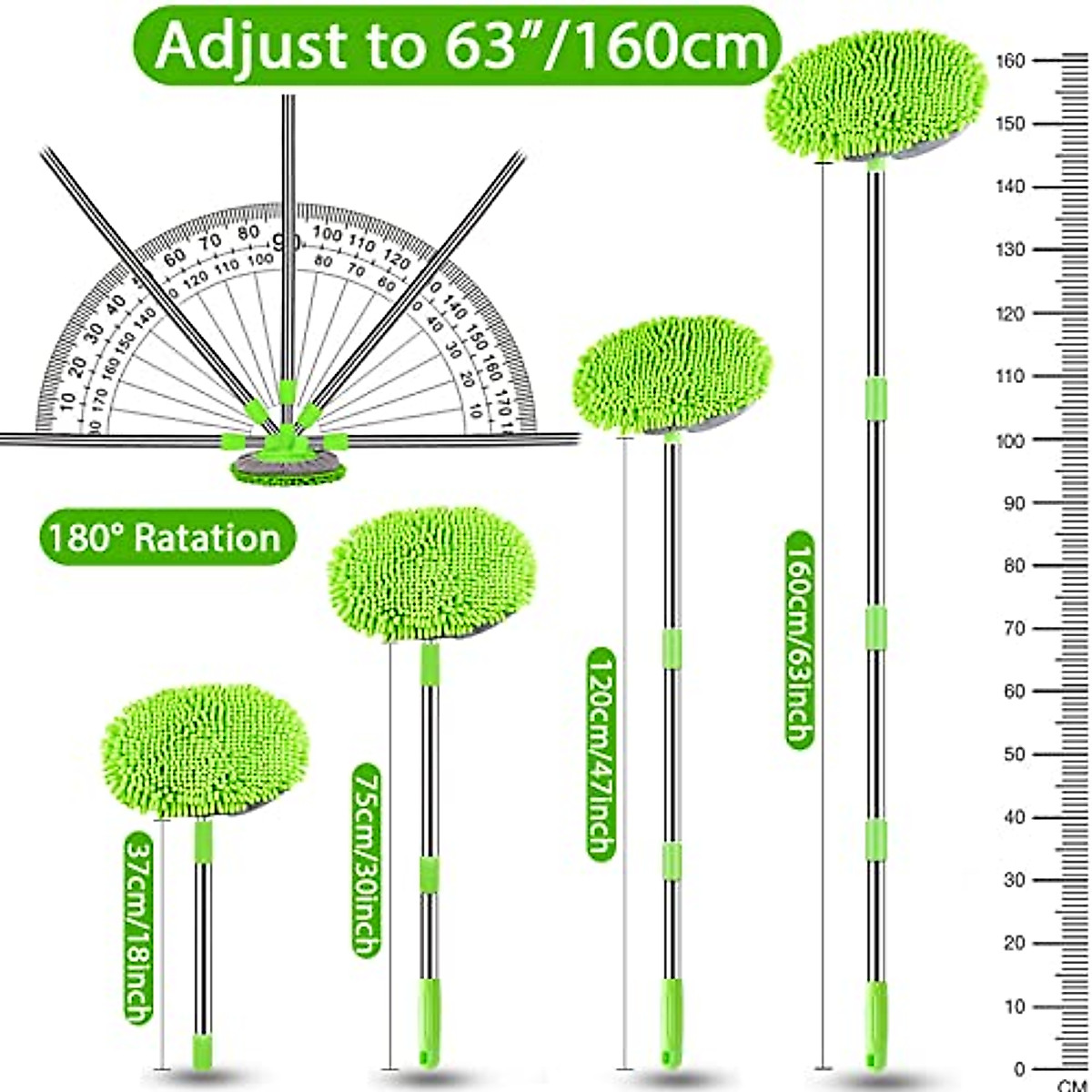 WillingHeart 63" Car Wash Mop Brush Tool Mitt with Long Handle Length More Suitable for Washing American Cars Truck, SUV, RV, Trailer, 2 in 1 Chenille Microfiber Duster Not Hurt Paint Scratch Free