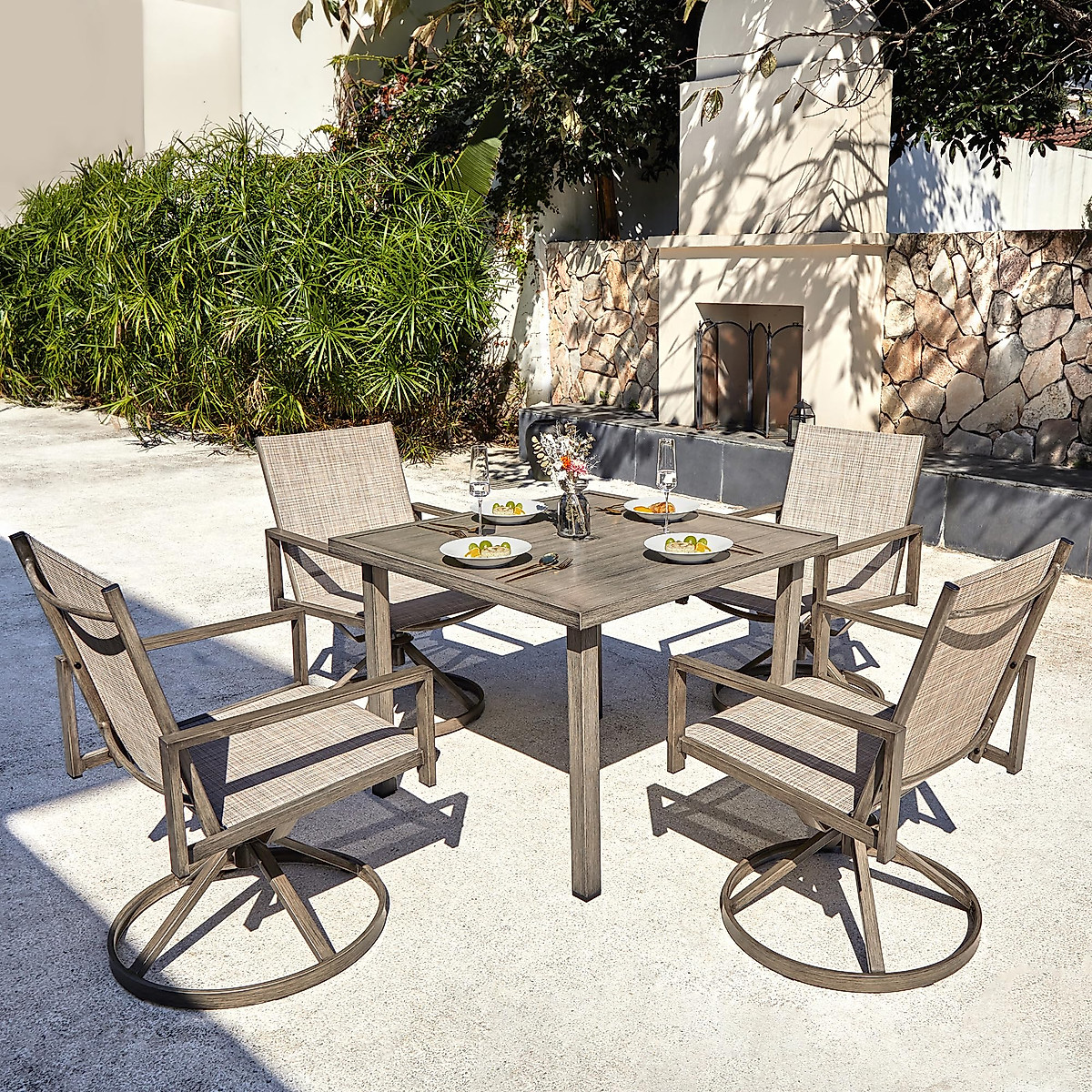 NATURAL EXPRESSIONS Patio Swivel Dining Set of 5, 4-Piece Mesh Sling High Back Chairs, 1-Piece 38" Square Woodgrain Steel Dining Table with 1.65'' Umbrella Hole for Outdoor Garden Yard