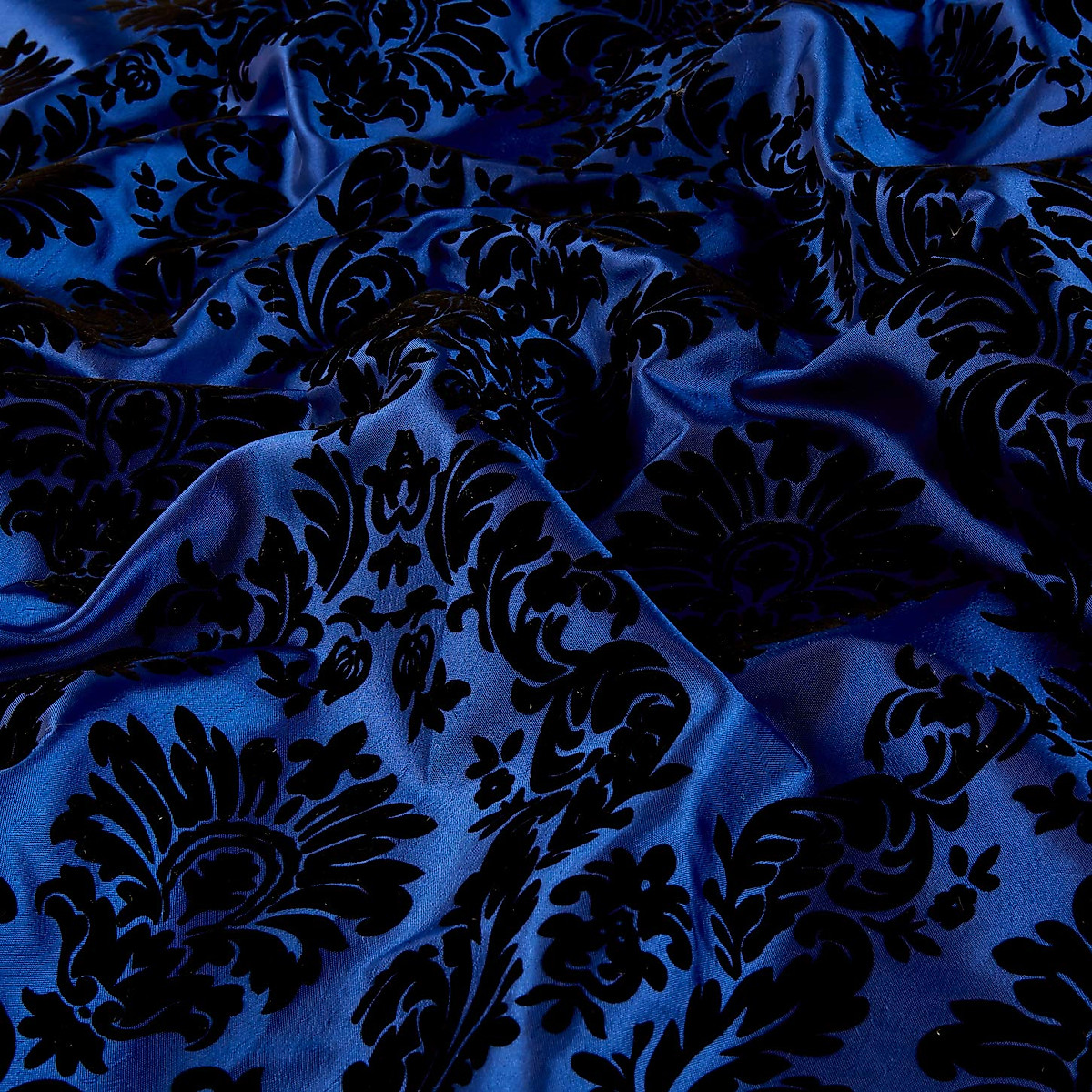 Flocked Damask Taffeta Royal/Black, Fabric by the Yard