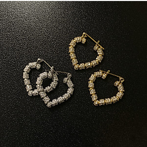 Heart Hoop Earrings for Women 14K Gold Plated Hypoallergenic Bamboo Cubic Zirconia Hoops Lightweight Heart Huggie Earrings for Women Jewelry Gift