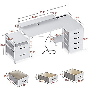 KKL Home Office Desk with File Drawer & 3 Power Outlets &2 USB Ports, 55'' L Shaped Desk with Storage Shelves, Printer Cabinet and Monitor Shelf, Computer Table Executive Desk Workstation, White