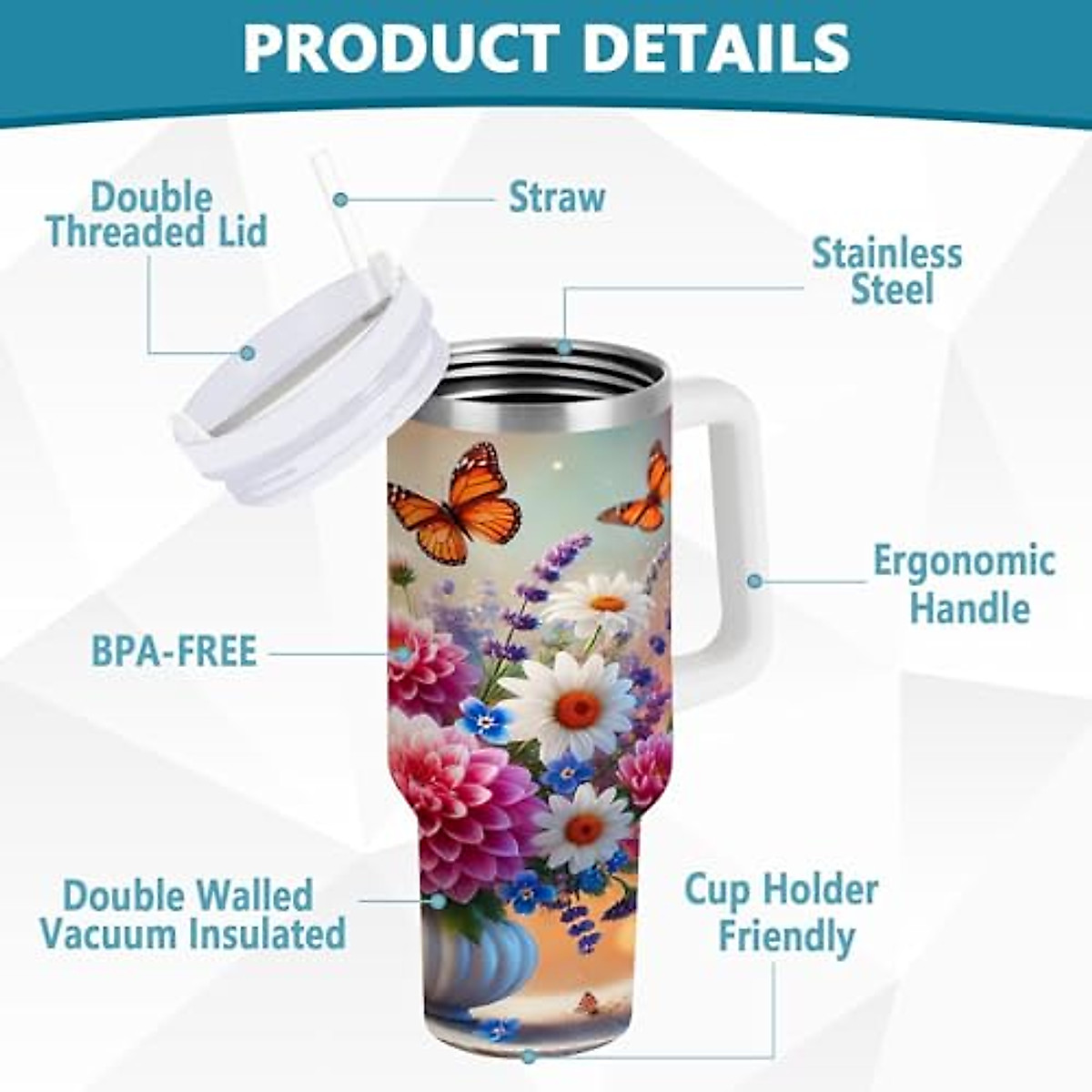 RPLIFE Floral with Butterflies Coffee Tumbler, Stainless Water Bottle, Insulated Cup with Straw, Coffee Tumbler for Women