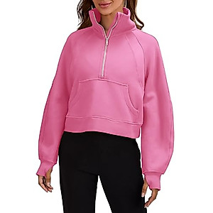 Womens Sweatshirts Half Zipper Crop Pullover Funnel Neck Fleece Lined Zip Up Long Sleeve Tops Thumb Hole Pink