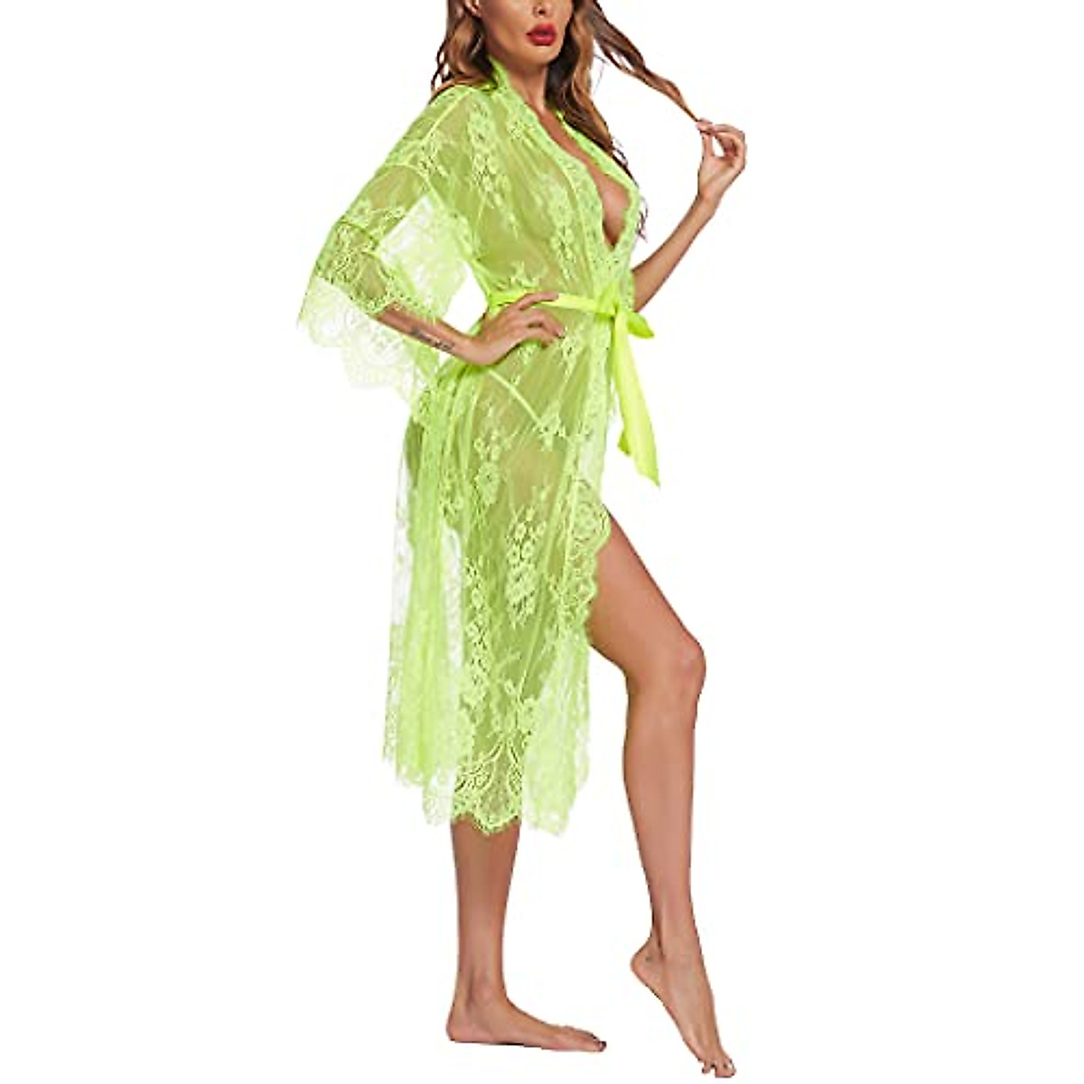 Avidlove Women Sexy Long Lace Lingerie Kimono Robe Sheer Babydoll Nightgown Nightdress Lemon Yellow