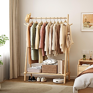 KASLANDI Solid Wood Clothes Rack, Clothing Rack with Shelf and Hook, Sturdy and Portable, Garment Rack for Hanging Clothes,Coats,Skirts,Shoes,Bags,Easy to Assemble (Natural)