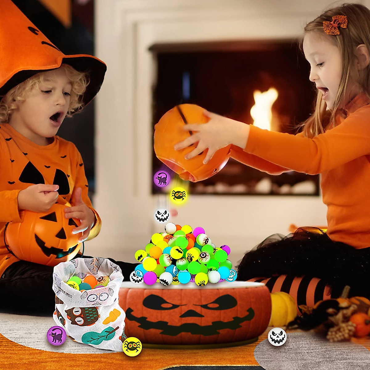 72 Glow in The Dark Halloween Bouncy Balls, 8 Halloween Designs - Eyeball Toy for Kids, Halloween Party Favor Supplies, School Classroom Game Rewards, Trick or Treating Goodie - With Pouch Bag