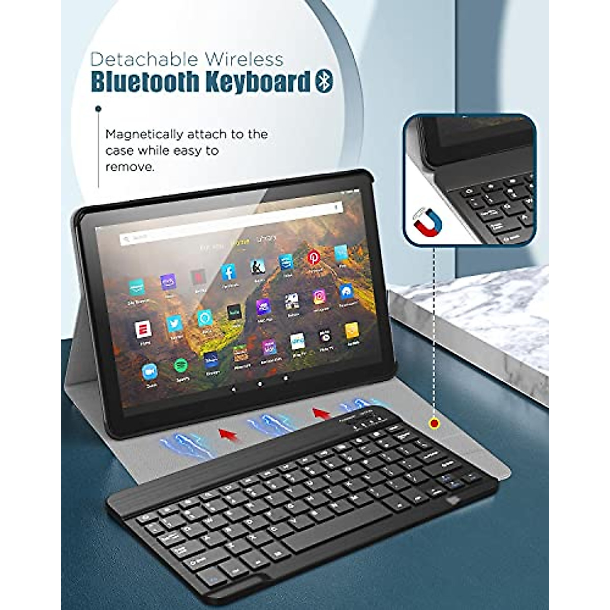 MoKo Keyboard Case Fits All-New Kindle Fire HD 10 & 10 Plus Tablet (11th Generation, 2021 Release) 10.1",PU Tablet Cover Shell Case with Removable Wireless Bluetooth Keyboard, Marble Pink