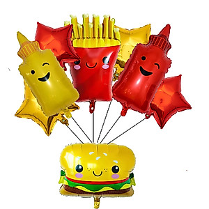 8PCS Hamburger Hot Dog Ketchup Bottles Mustard Bottles Foil Mylar Balloons Food Balloons for Birthday Barbecue Picnic Cookout Fast Food Snacks Baby Shower Party Decorations
