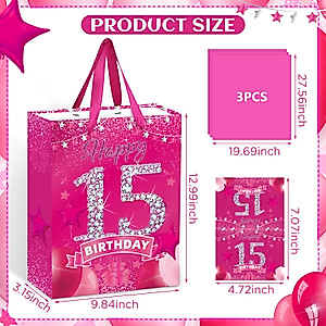 15th Birthday Gift Bag for 15 Year Old Teen Girls Sweet 15 Gift Bag with Card and Tissue Paper Pink 15th Birthday Wrapping Paper Bag 15th Birthday Decorations for Girls 15 Years Old Girl Gift Ideas