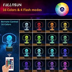 FULLOSUN 3D Basketball Night Light Backboard Illusion Hoop Lamp for Kids' Room Home Xmas Birthday Gifts for Boy Man Friends with 16 Color Changes Remote Control