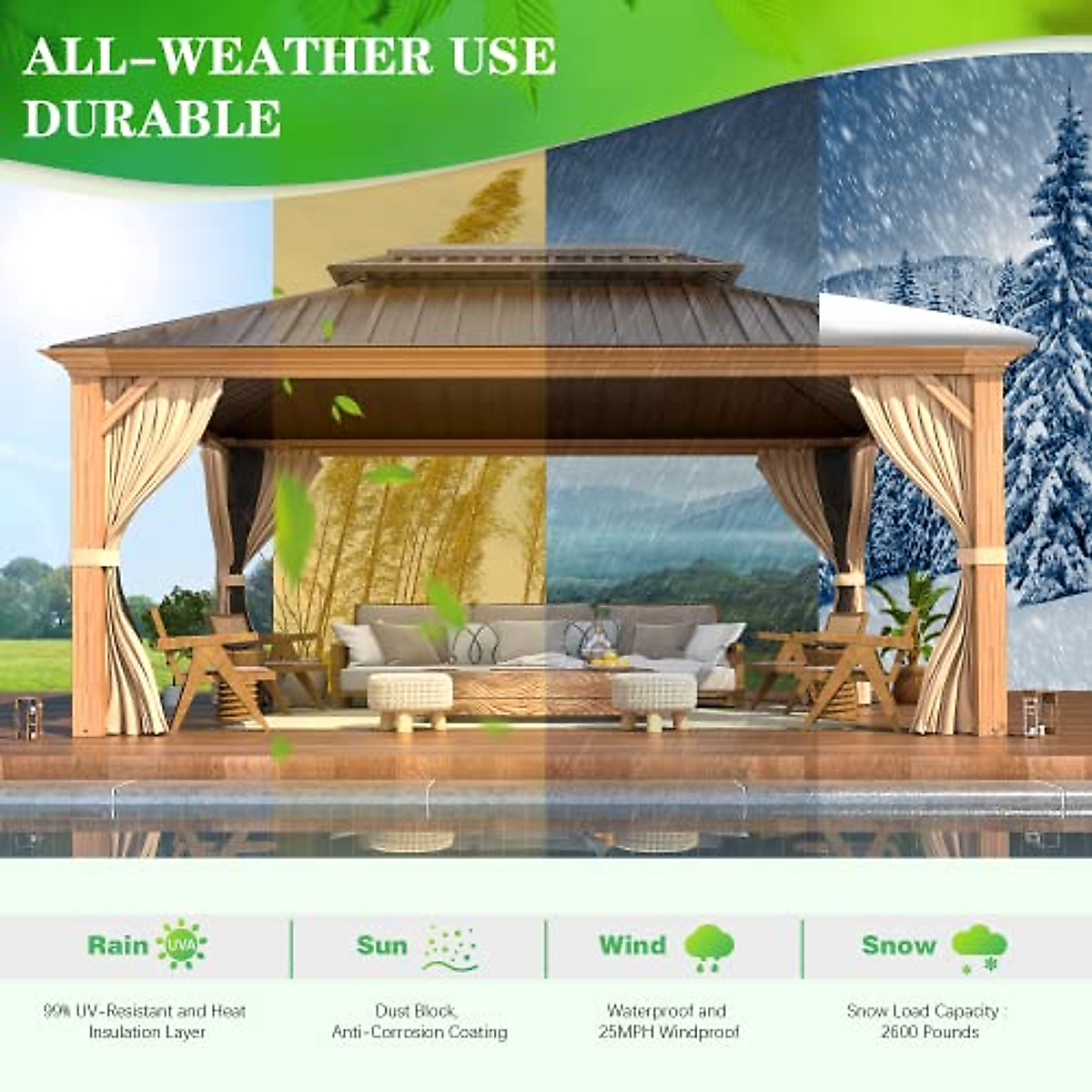 Erinnyees 12' x 16' Aluminum Wood Grain Hardtop Gazebo, Outdoor Aluminum Double Roof with Privacy Curtain and Mosquito Net for Patio, Lawn, Garden, Backyard(Wood Looking)