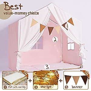 Large Kids Tent, Kids Playhouse with Banner,Light and Padded Mat, Tent for Kids Reading Nook, Play Tent, Easy to Assemble and Wash, Indoor and Outdoor, Pink Boho Adult Tent, 52x35x51,Pink