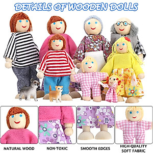 Skylety 10 Pcs Wooden Dollhouse Family Set of 8 Mini People Figures and 2 Pets, Dollhouse Dolls Wooden Doll Family Pretend Play Figures Accessories for Pretend Dollhouse Toy (Classic Style)