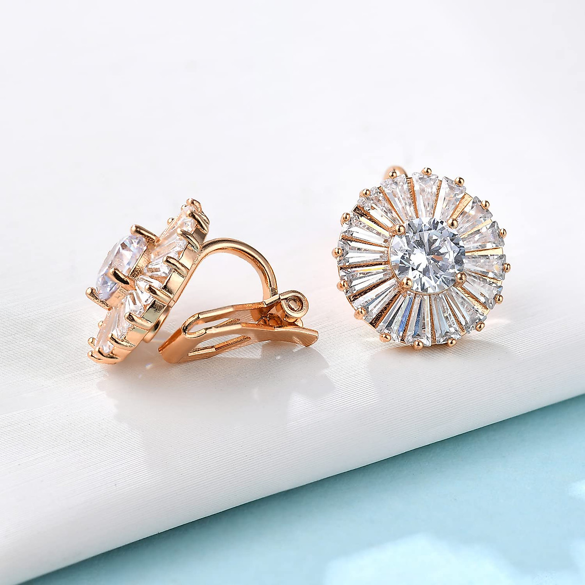 14K Rose Gold Plated CZ Halo Clip On Stud Earrings, Hypoallergenic Round Cubic Zirconia Non Pierced Clip Earrings for Women Jewelry Gifts