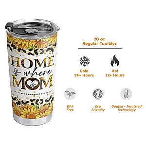 20oz Sunflower Mom Tumbler, Home is where Mom is, Grandma, Mother Gifts, Coffee Thermos for Women, Stainless Steel Double Wall Vacuum Insulated Coffee Mug, Travel Cup with Lid
