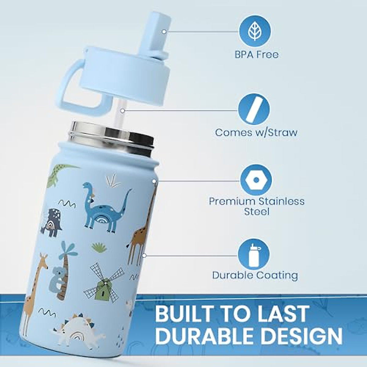 Lexlion Water Bottle 14 Oz, Triple Walled Insulated Stainless Steel Odor & Strain Resistant Reusable Bottle, 1 straw Lid, Leakproof, Metal Mug Gallon, BPA Free, Blue Zoo