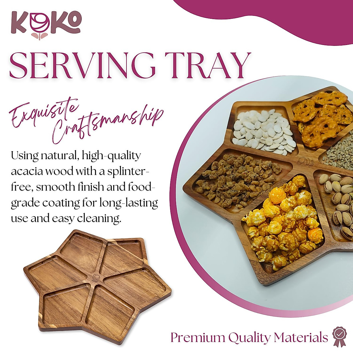 Koko Acacia Wood Serving Platter – Carved Wood Serving Tray – Rustic Platters for Serving Food, Cheese, Desserts - Wood Divided Tray - Fruit Tray, Veggie Tray, Snack Tray, Thanksgiving (14 x 10)