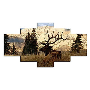Nature Calligraphy Animal Scenery Elk Wall Art Deer Canvas Hunting Wall Decor Deer Decor for Living Room Wall Decor Deer Wall Art Deer Pictures Large 5 Panel Printed Painting Framed [60''W x 32''H]