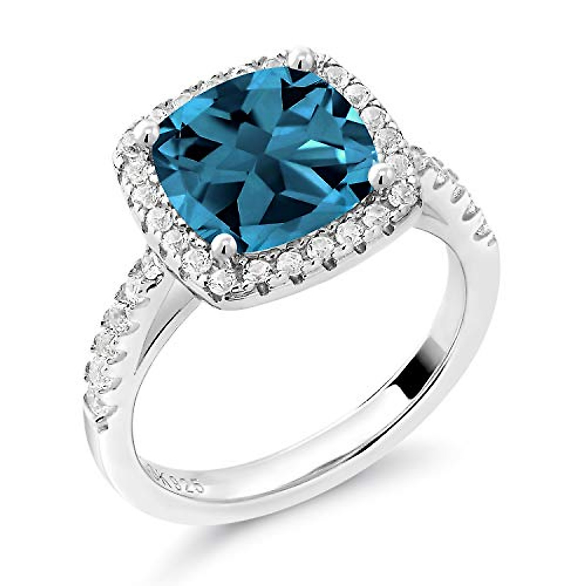 Gem Stone King 925 Sterling Silver London Blue Topaz and White Created Sapphire Engagement Ring For Women (3.30 Cttw, 8MM Cushion Cut, Gemstone Birthstone, Available In Size 5, 6, 7, 8, 9)