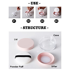 AKOAK Capacity 10 ml(0.33 oz) No Leaks Empty Reusable Plastic Loose Powder Compact Container DIY Makeup Powder Case with Sponge Powder Puff,Elasticated Net Sifter and Pink Threaded Screw Lid