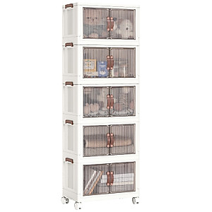 HOOBRO 11 Gal Plastic Storage Bins with Lids, 5 Packs Folding Storage Box with Doors and Wheels, Collapsible Storage Bins Stackable Storage Organizers and Storage Containers Box, White WG542CW01