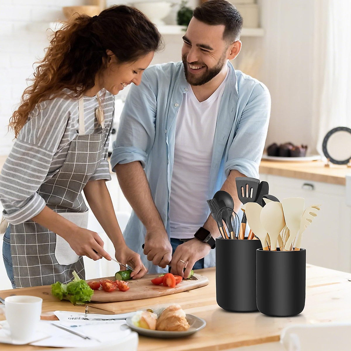 YKDGBRE Ceramic Utensil Holder for Kitchen Counter, Black Kitchen Utensil Holder for Countertop, 2 Pcs Cooking Utensil Crocks for Spatula, Spoon, Forks, Plant