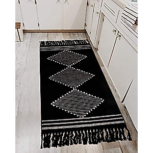 Boho Kitchen Rugs,2'x4.3' Washable Black Bathroom Rug Runner, Cotton Woven Tassels Diamond Soft Indoor Mat Hallways Carpet for Laundry Entryway