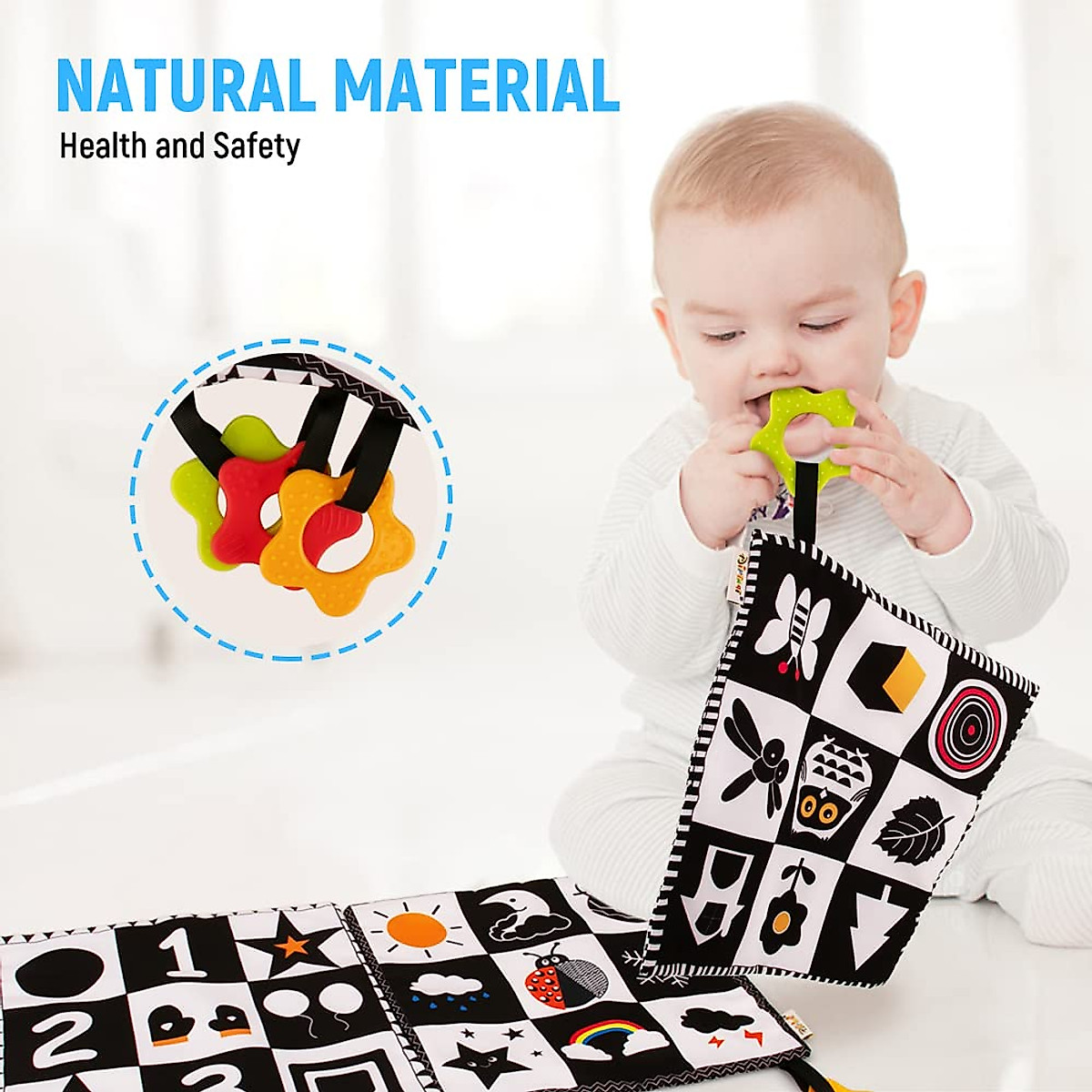 Tummy Time Play Mat, High Contrast Baby Toys,Black and White Activity Mat with Teether for Babies 0+ Months,0+Months Infant Early Educational Crinkle Toys,Baby Boy Sensory Learning Toys - Pack of 3
