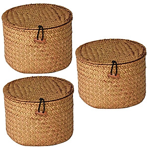 NOLITOY 3pcs Storage Box with Lid Round Shelf Vegetable Tray with Lid Hand Decor Storage Baskets for Shelf Woven Sundry Box Baskets for Organizing Seaweed Baskets Straw Shelf Baskets Woven