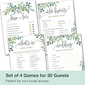 Papery Pop Bridal Shower Games - Set of 4 Games for 30 Guests - Double Sided Cards - Wedding Shower Games - Eucalyptus
